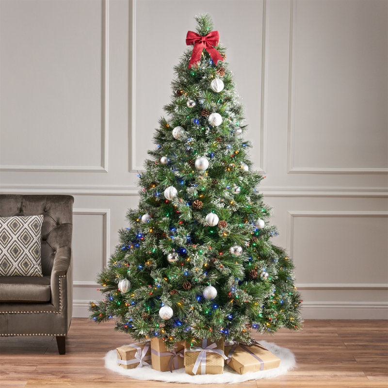 Green Realistic Cashmere Christmas Tree 1233 Branch Tips 900 Lights Pre Lit Snow Bristle Mixed Christmas Tree with 75Pine Cones The Holiday Aisle
